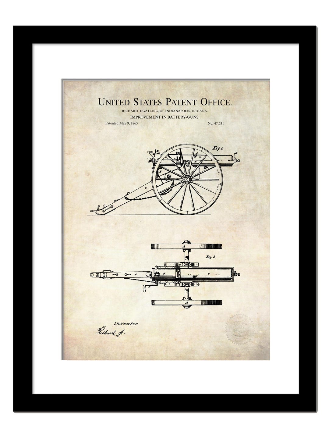 Early Gatling Gun Print of 1865 Battery-guns Patent Vintage Military ...