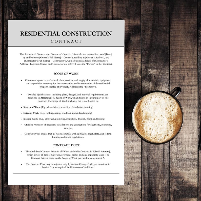 Residential Construction Contract Template | Customizable Contractor ...