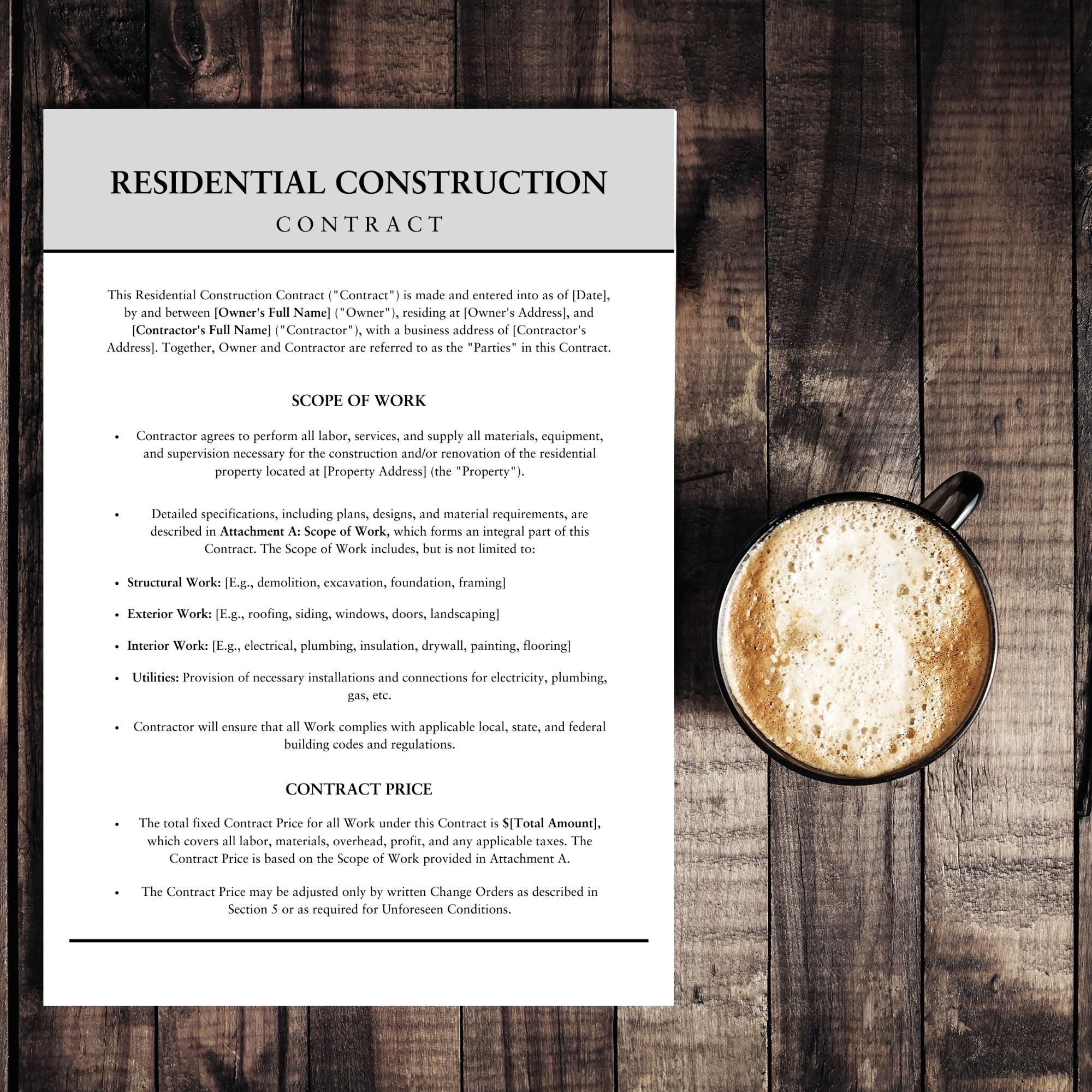 Residential Construction Contract Template | Customizable Contractor ...