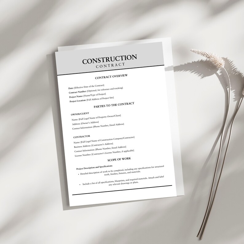 Construction Contract Template | Editable Professional Agreement ...