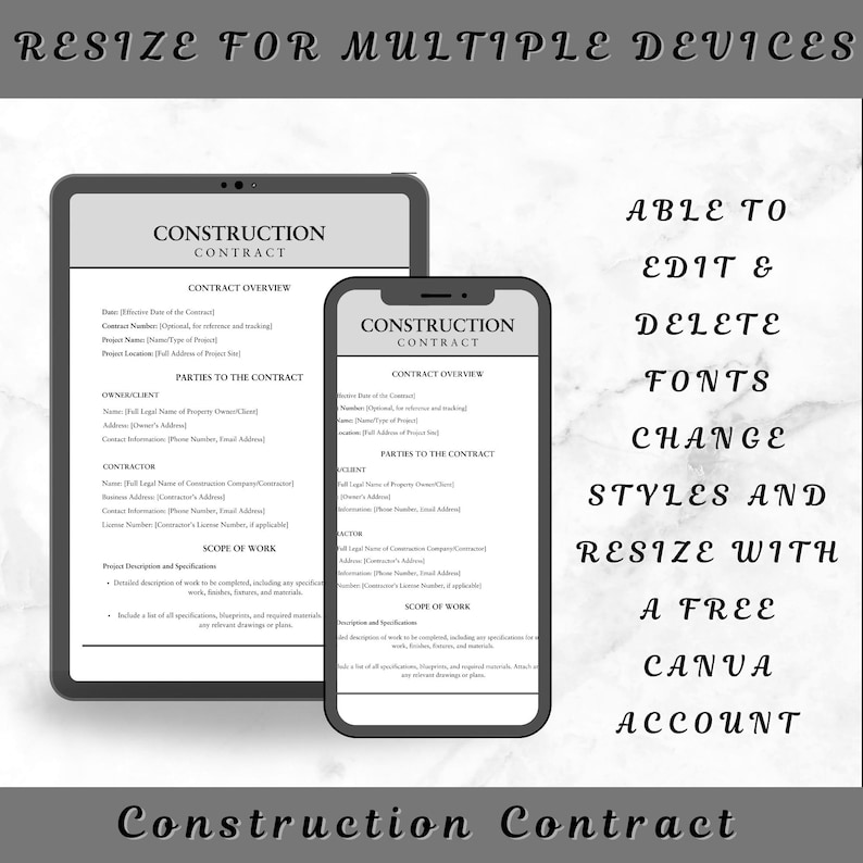Construction Contract Template | Editable Professional Agreement ...
