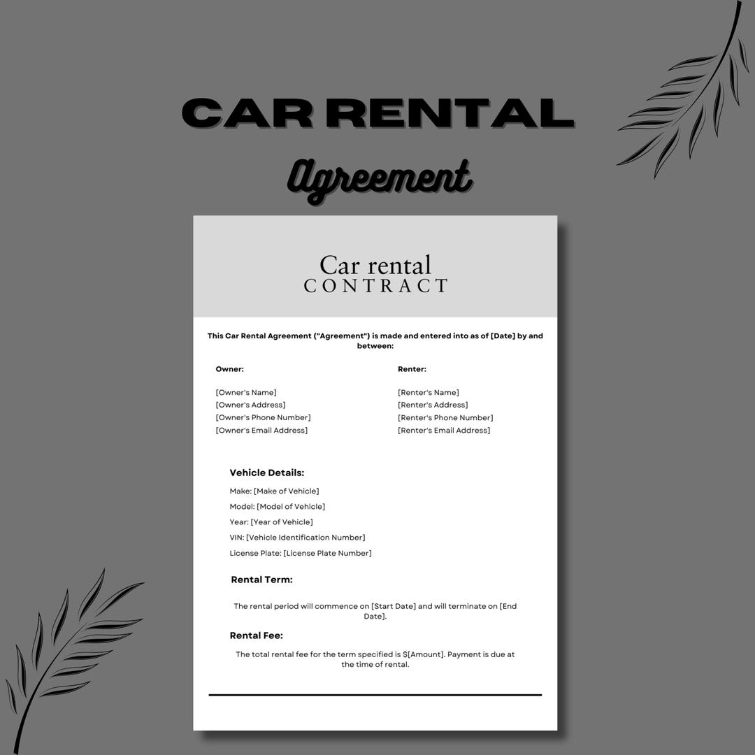 Car Rental Agreement: Vehicle Rental Contract (editable PDF File) - Etsy
