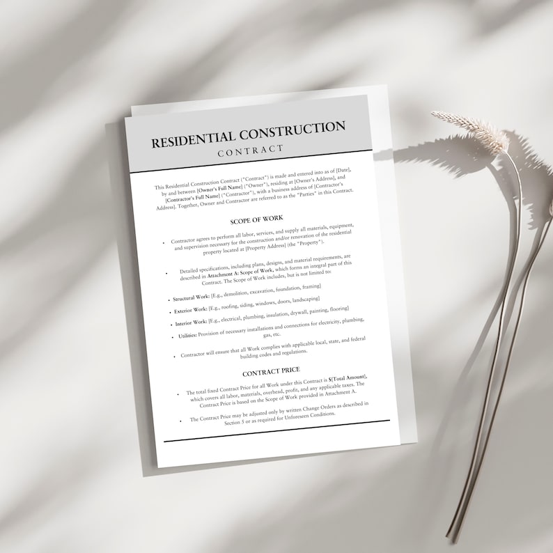 Residential Construction Contract Template | Customizable Contractor ...