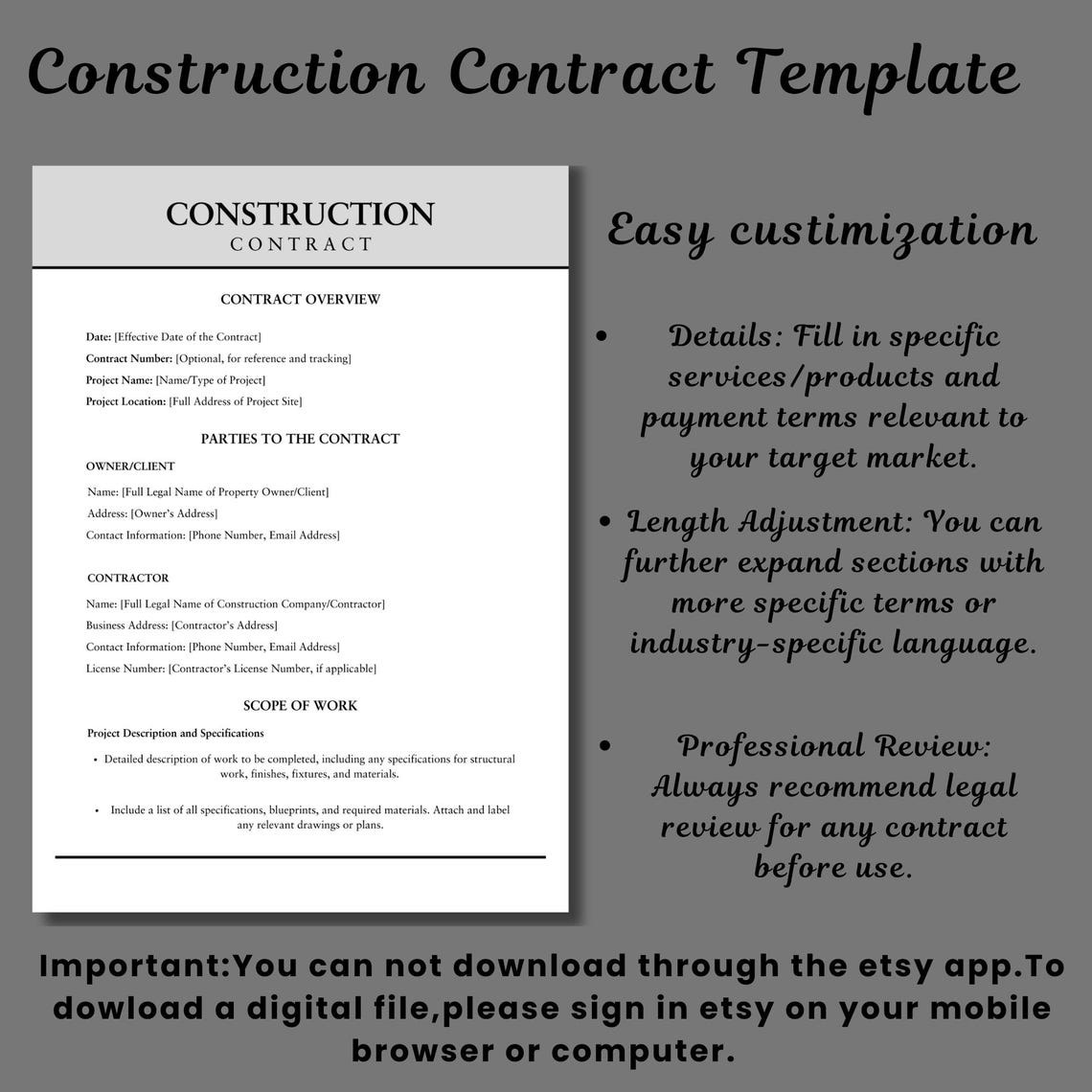 Construction Contract Template | Editable Professional Agreement ...