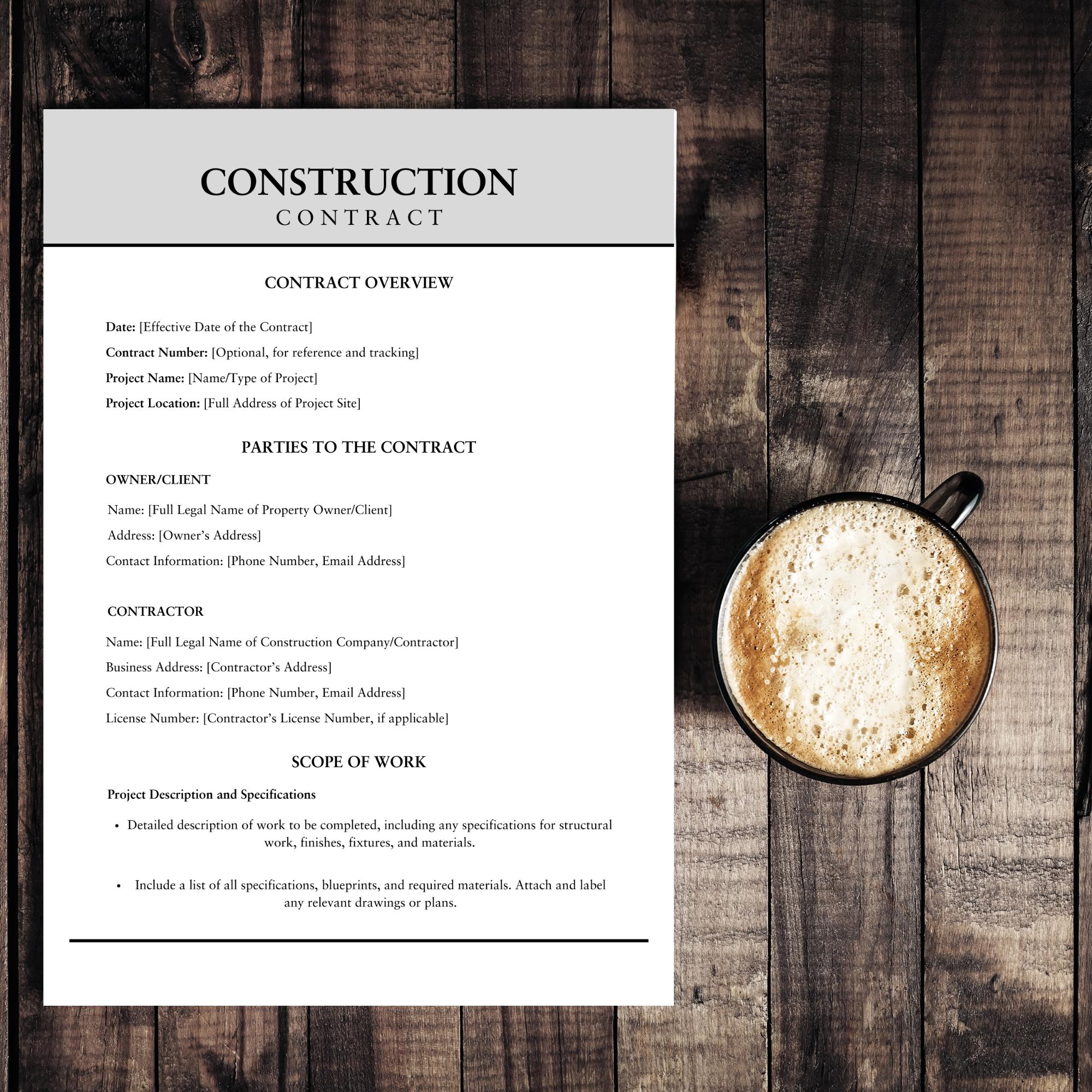 Construction Contract Template | Editable Professional Agreement ...