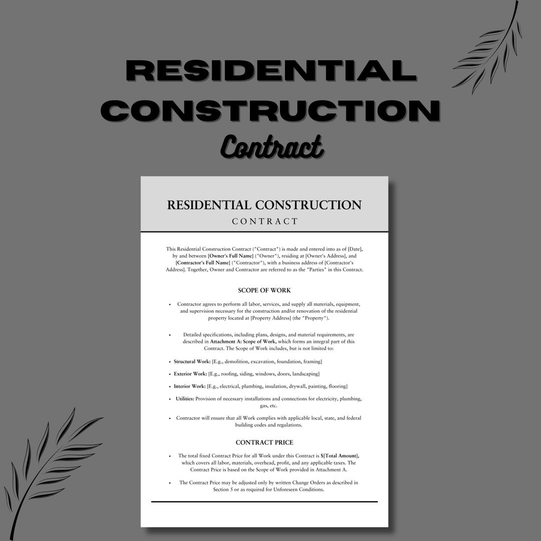 Residential Construction Contract Template Customizable Contractor ...