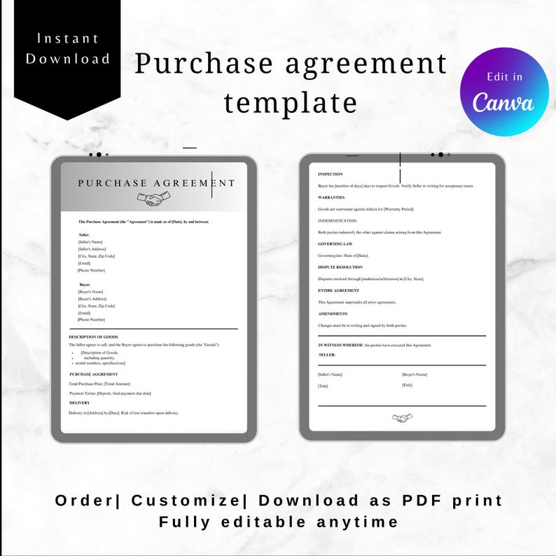 Editable Purchase Agreement Template: Business Sales Contract ...