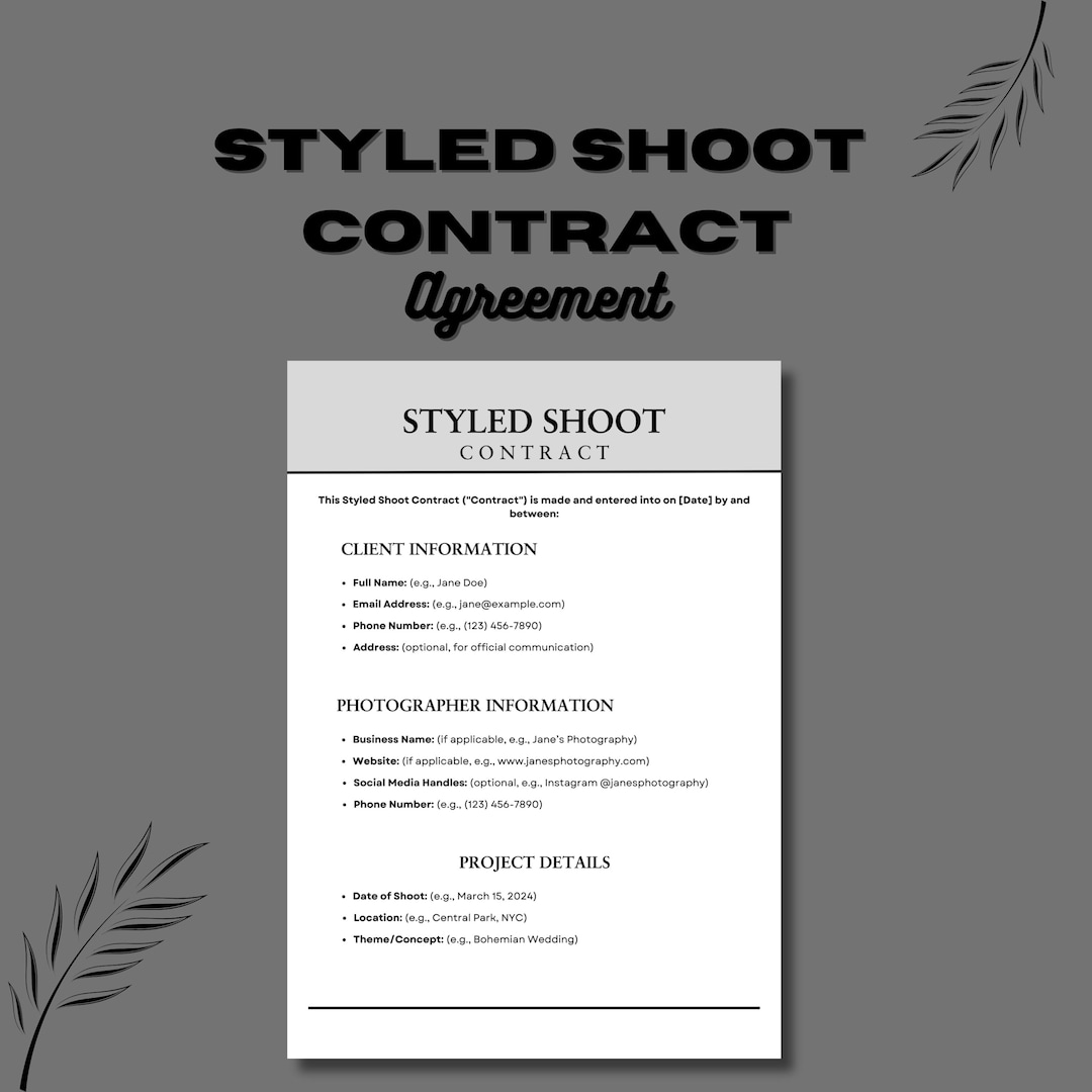 Styled Shoot Contract for Photographers,agreement Form,editable ...