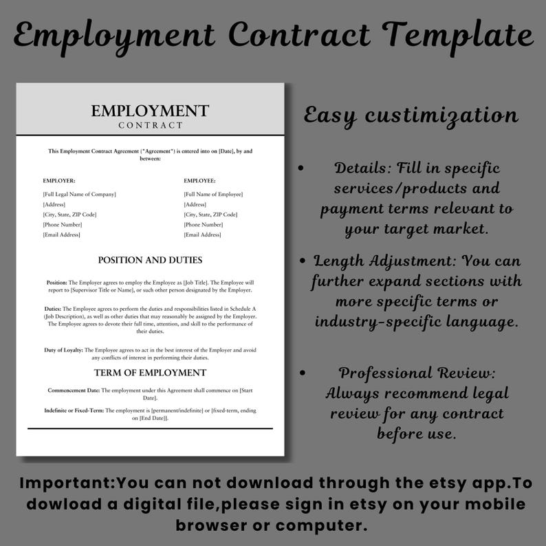 Editable Employment Contract Template: Instant Download (canva) - Etsy