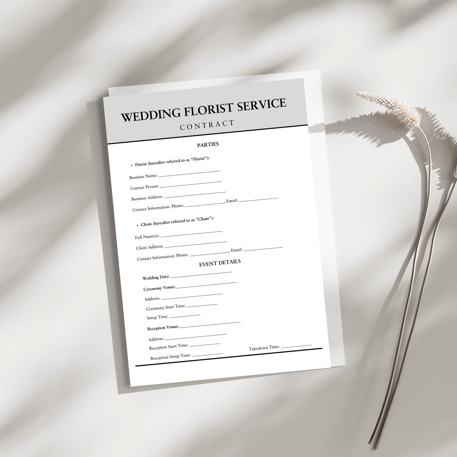 Customizable Wedding Florist Contract Template | Editable Florist ...