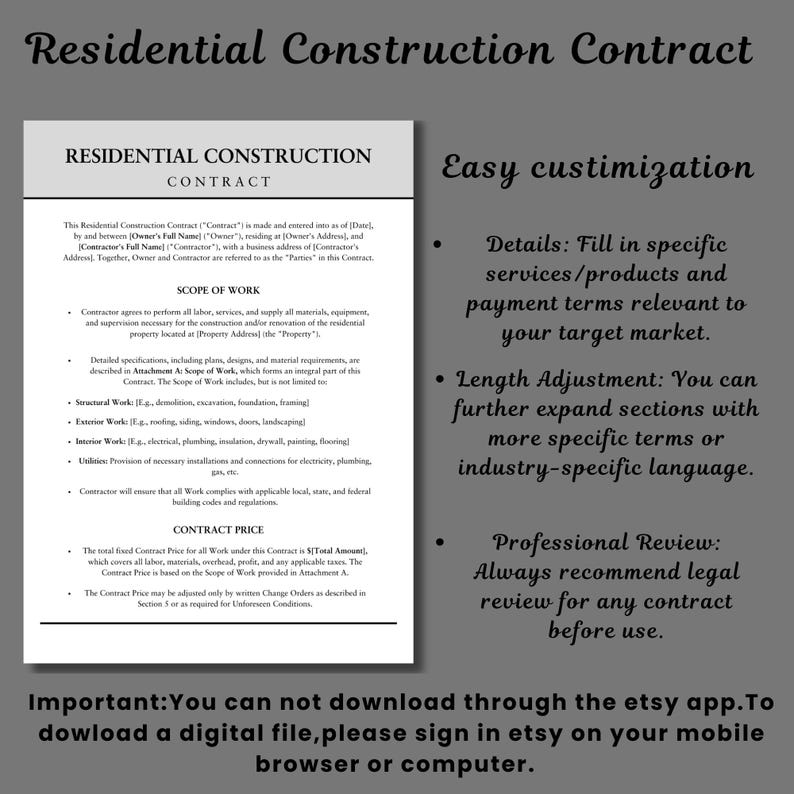 Residential Construction Contract Template | Customizable Contractor ...