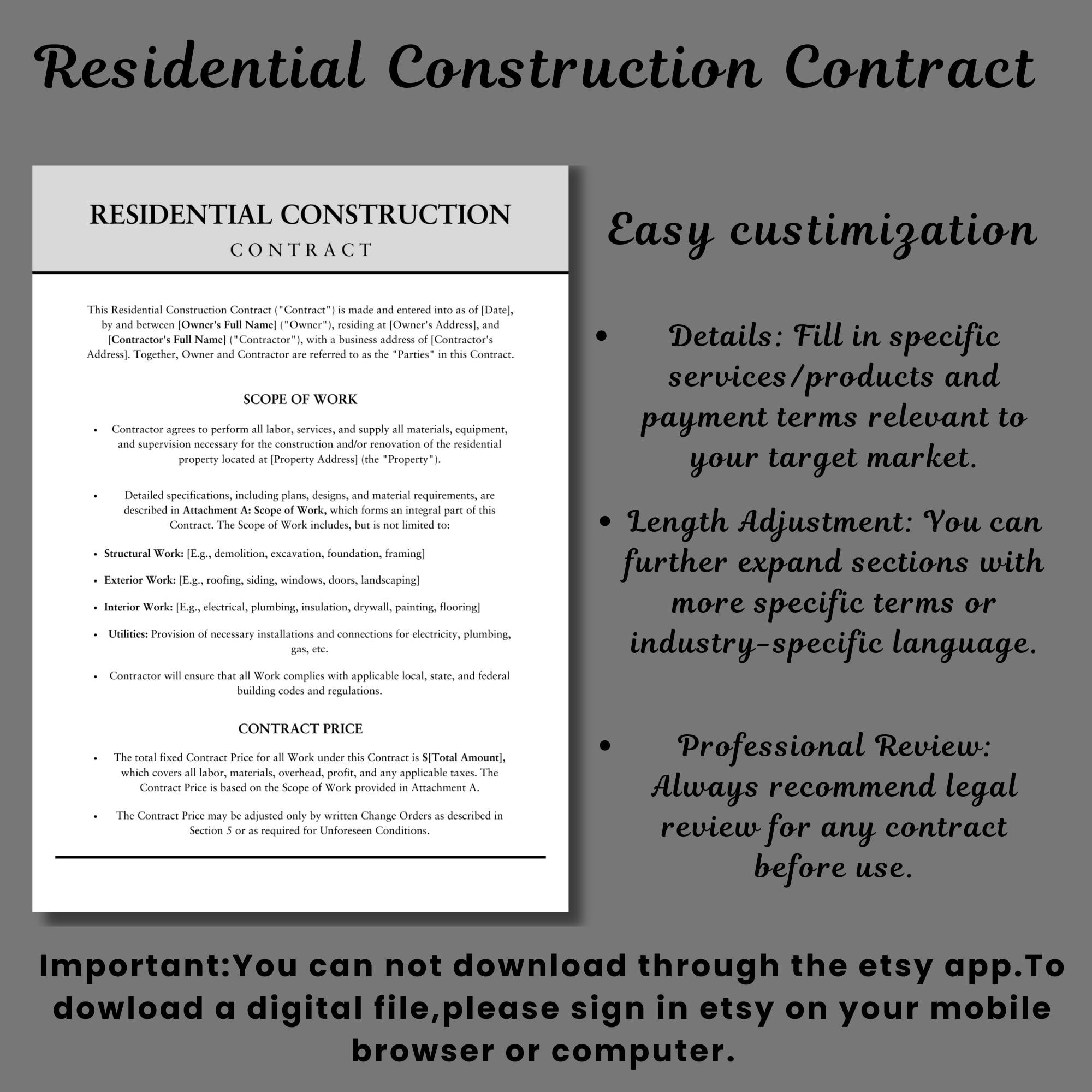 Residential Construction Contract Template: Customizable Contractor ...
