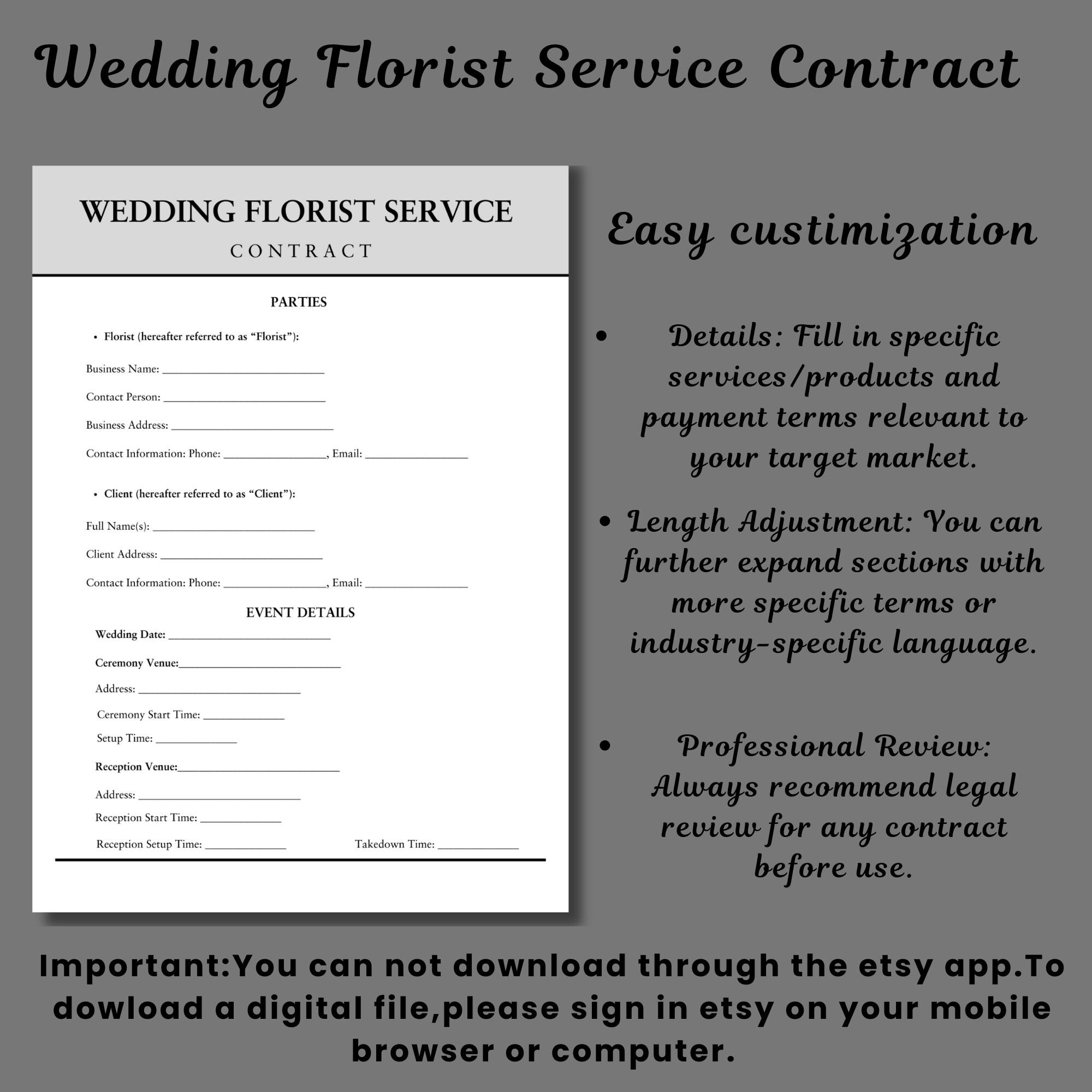 Customizable Wedding Florist Contract Template | Editable Florist ...