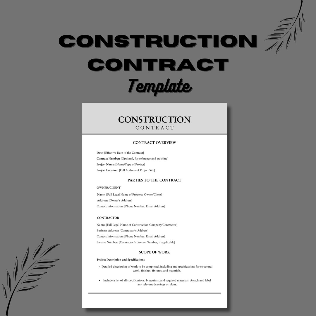 Construction Contract Template | Editable Professional Agreement ...