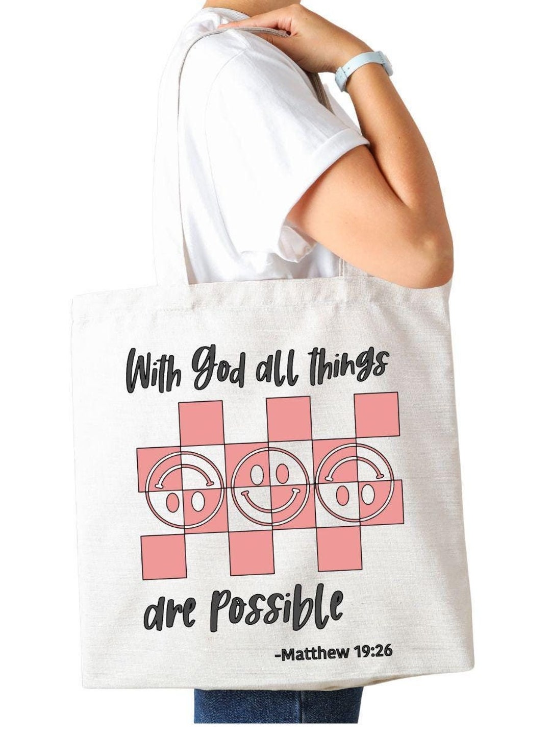 Bible Quote PNG, Smiley Pink Checkered Board, "with God All Things Are ...