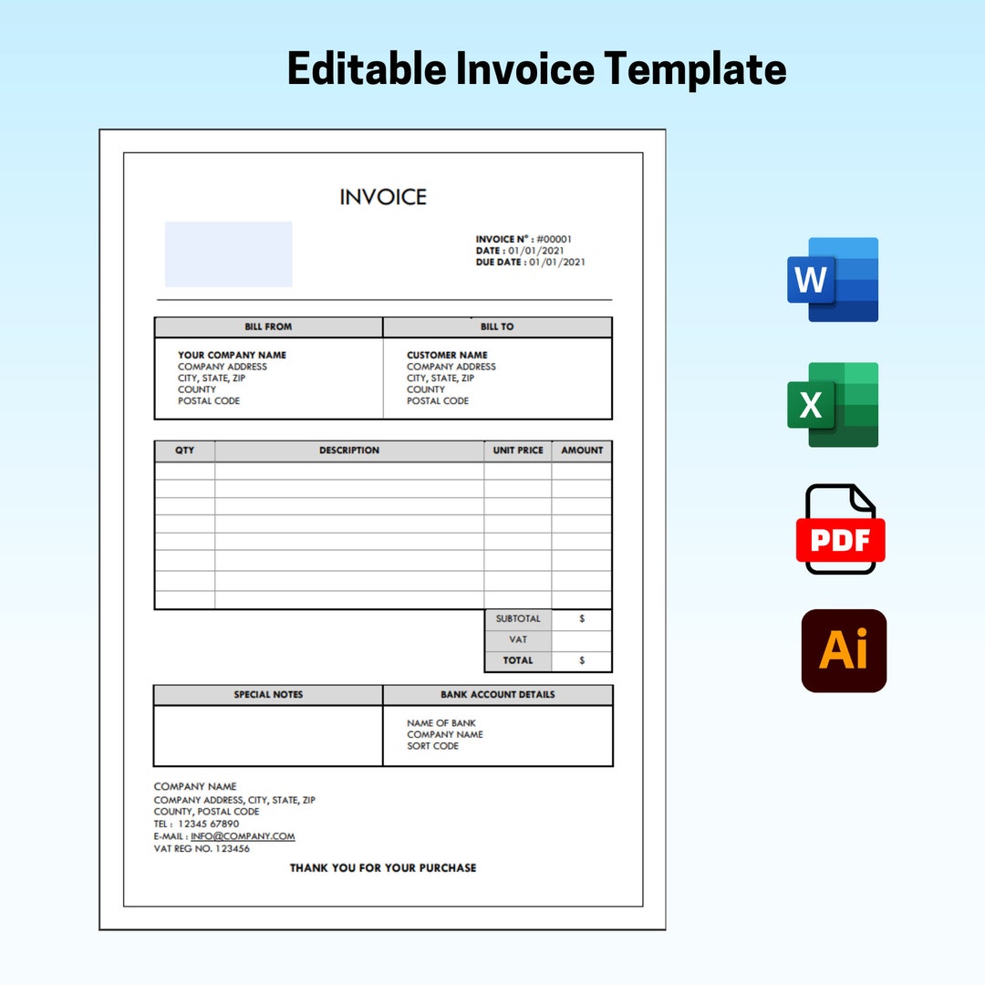 Invoice Template Pdf/excel/word. Editable Small Business Invoice ...