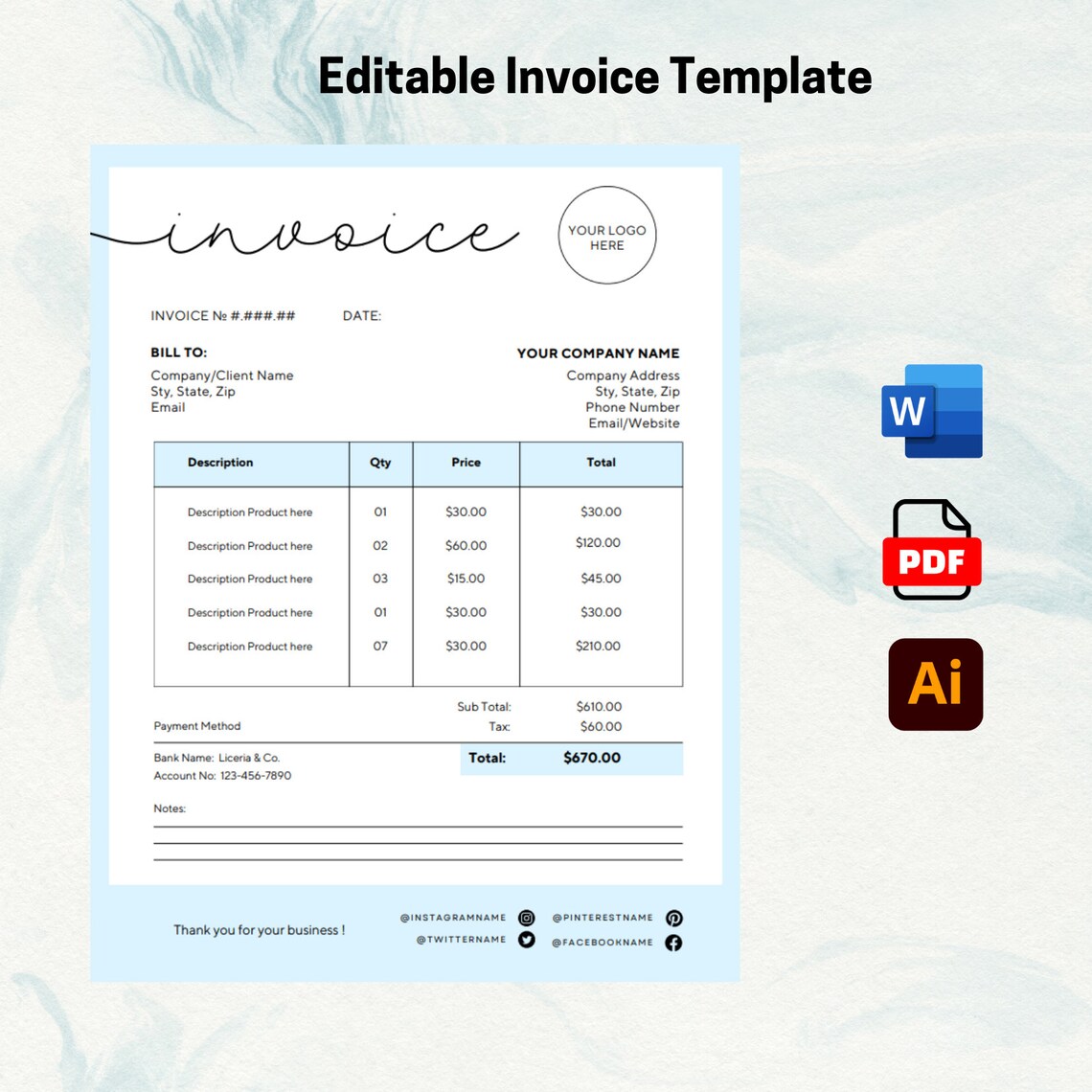 Invoice Template Pdf/word. Minimalistic Small Business Invoice ,invoice ...