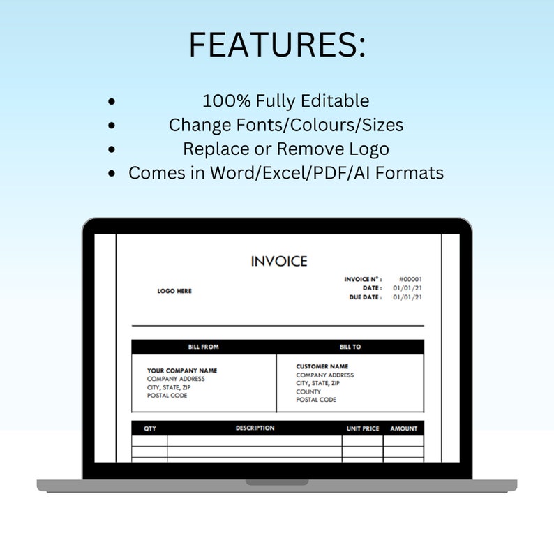 Invoice Template Pdf/excel/word. Editable Small Business Invoice ...