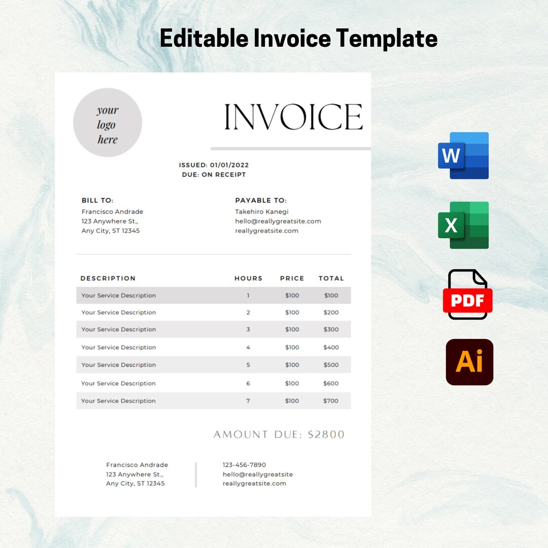 Minimalist Invoice Template, Editable Pdf/excel/word (instant Download ...