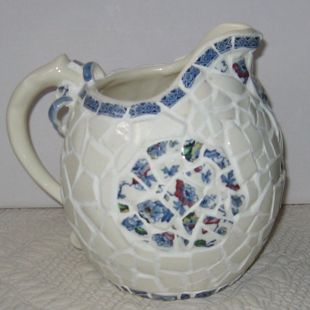 Vintage Broken China Ceramic Shards Mosaic Pitcher, Beautiful "windsor ...