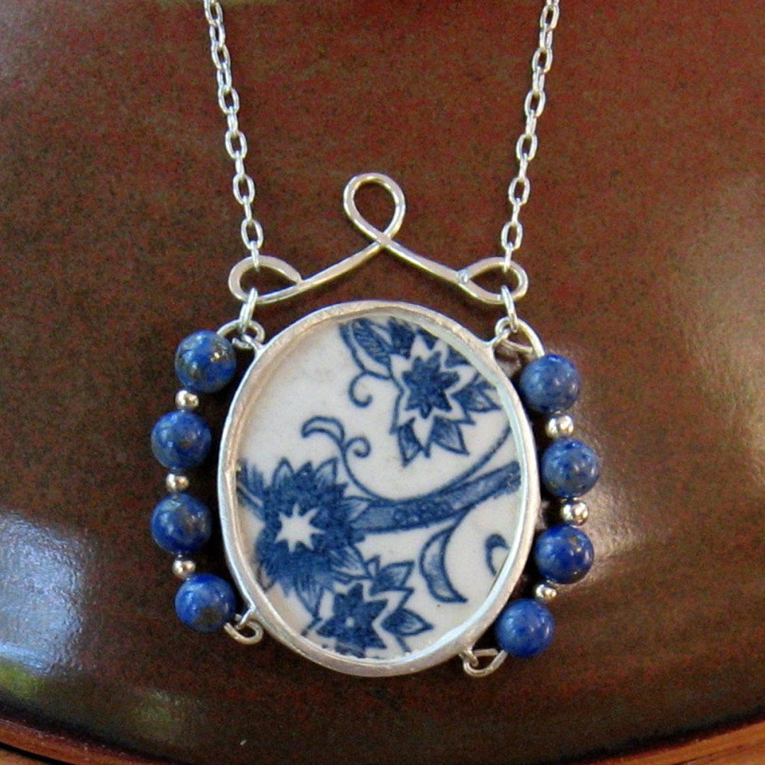 Vintage Ceramic Shard Necklace, Sterling Silver, Stone Beads, Striking ...