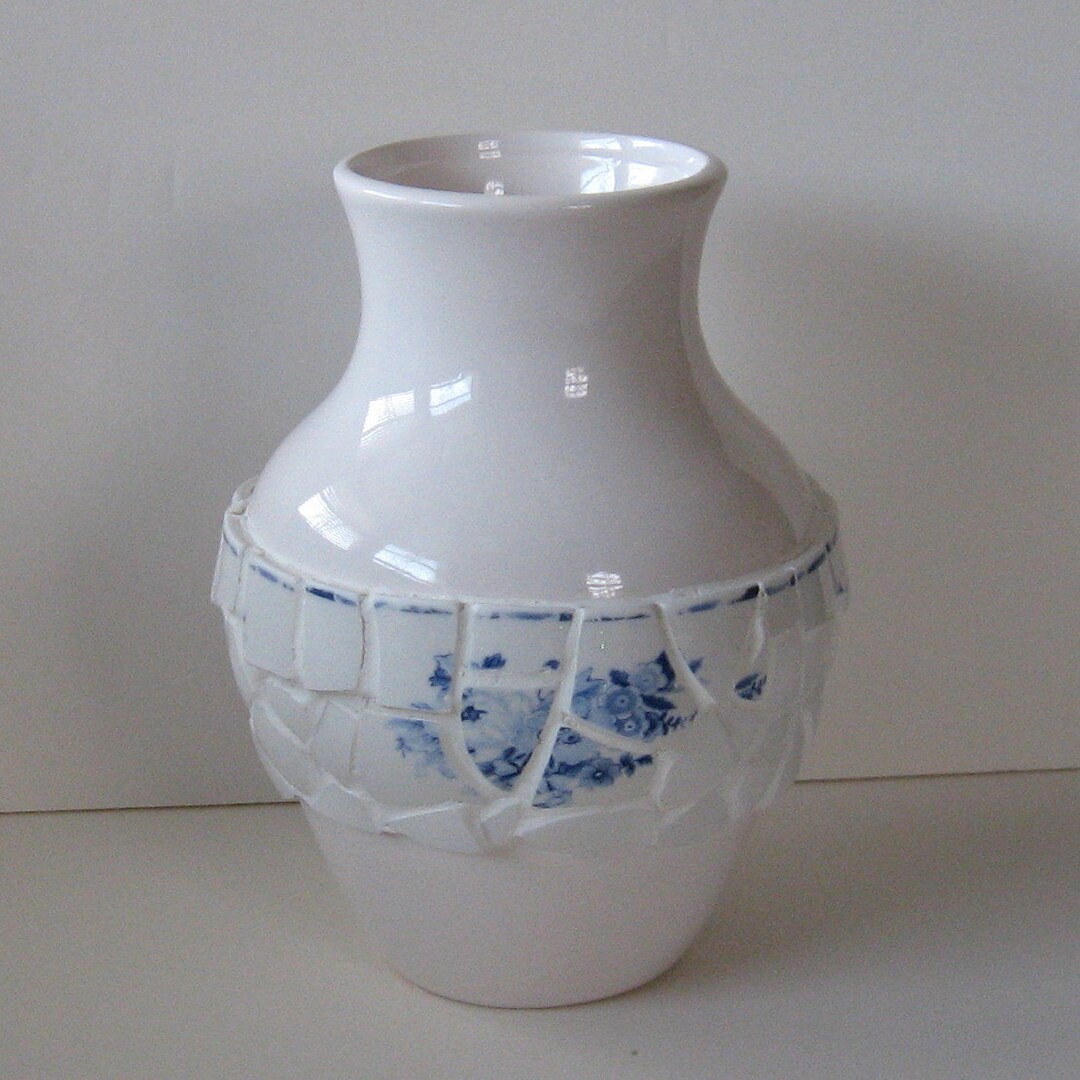 Vintage Broken China Ceramic Shards Vase, Pretty Blue and White Floral ...