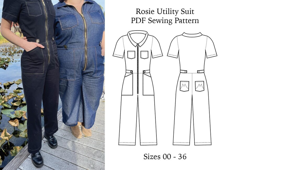 Rosie Utility Suit PDF Sewing Pattern Fitted Jumpsuit Adjustable Waist Wide Leg Large Pockets ...