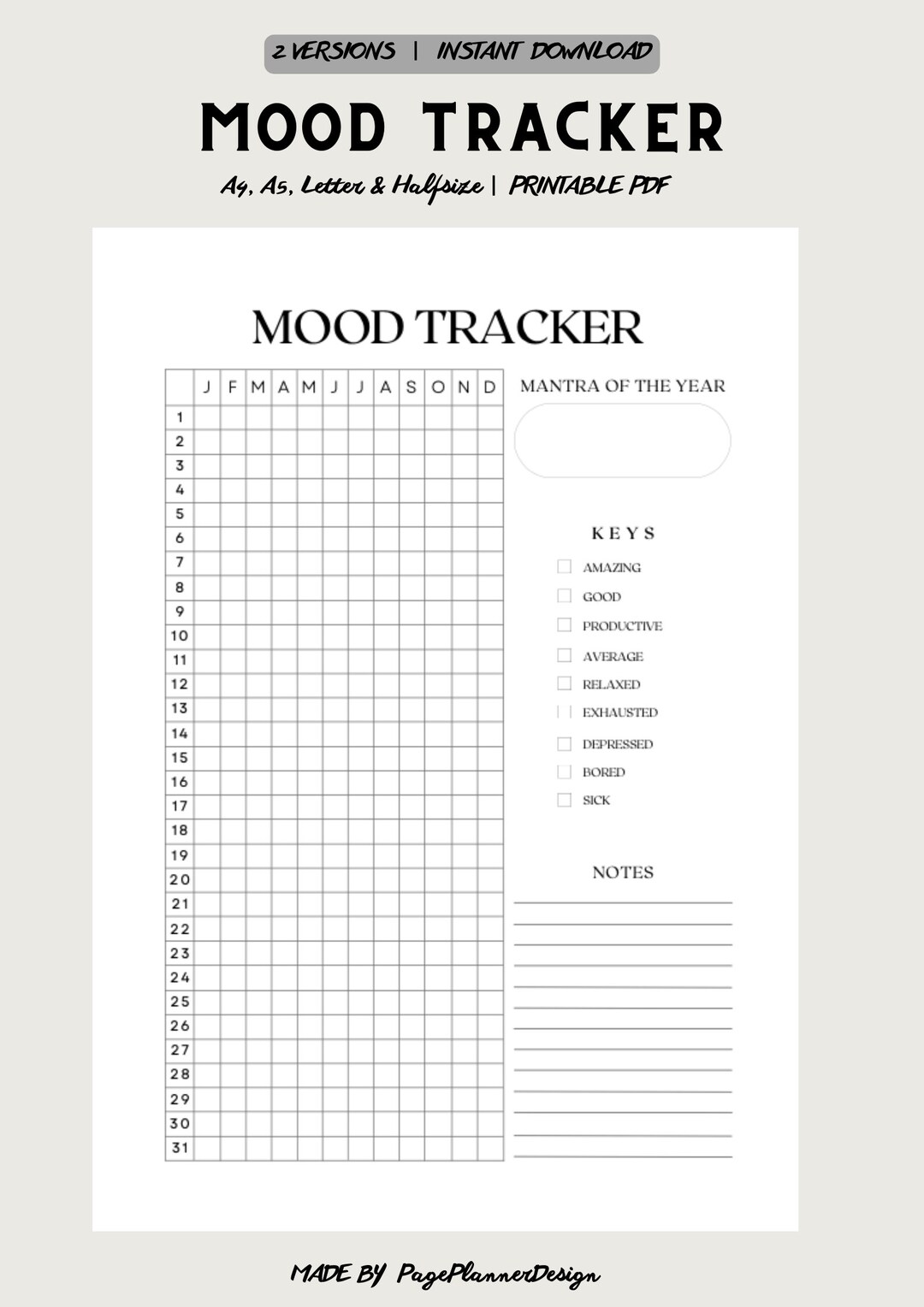 Mood Tracker Printable, A Year in Pixels, Mood Journal, Emotion Tracker ...