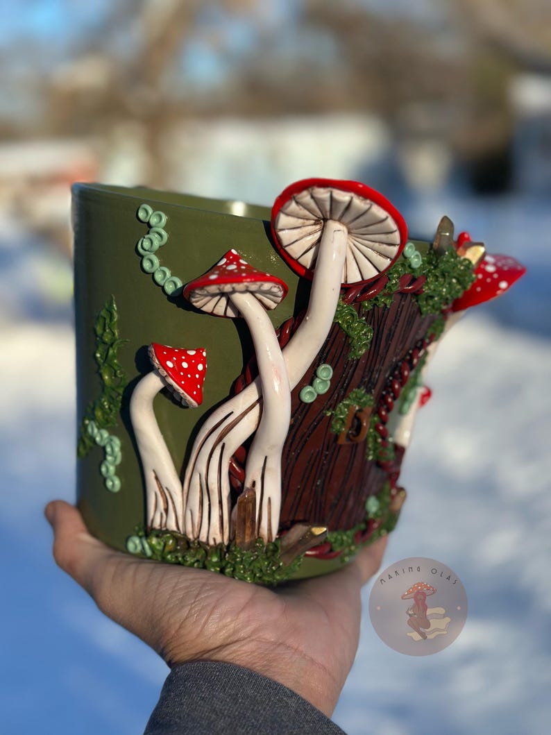 Plant Pot | Fairy House With Red Mushrooms + Quartz - Etsy