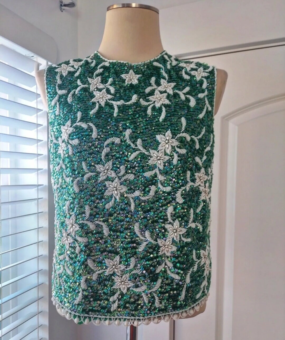 Green Sequins 1960s Top With Floral Beading - Etsy