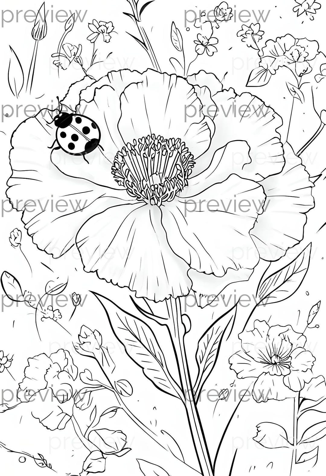 Intricate Floral Line Drawing With Ladybug - Seamless Pattern for ...
