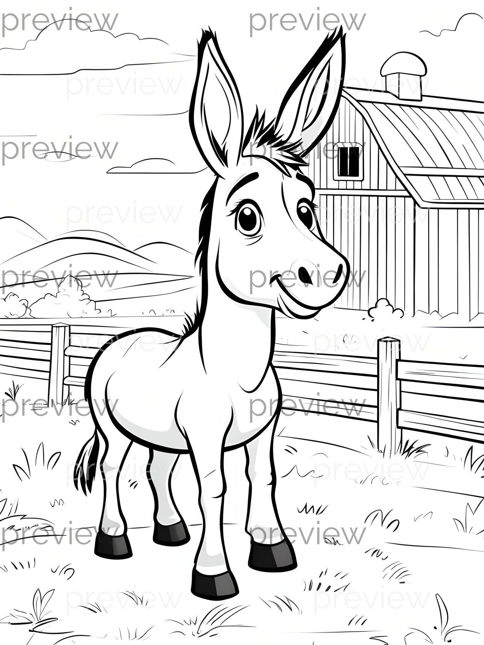 Playful Donkey Coloring Page for Kids - Fun Farm Scene With Barn and ...