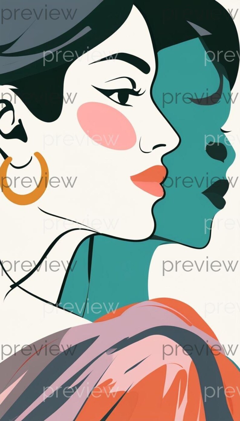 Modern Digital Art Illustration of Dual Faces in Profile - Harmonious ...