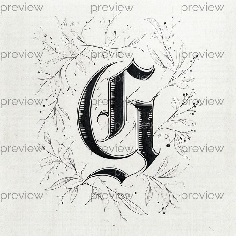 G Ornate Letter G With Floral Elements - Elegant Monochrome Digital Art ...