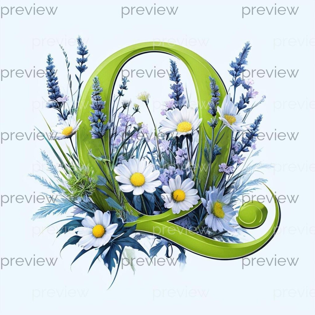 Q Vibrant Floral Letter Q in Green - Printable Digital Art With Daisies ...