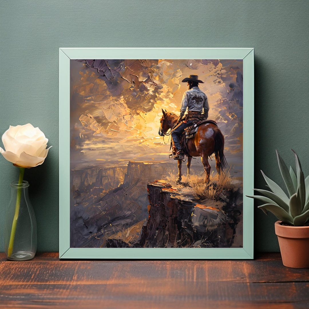 Solitary Cowboy on Cliff at Dusk - Digital Art Print for Wall Decor ...