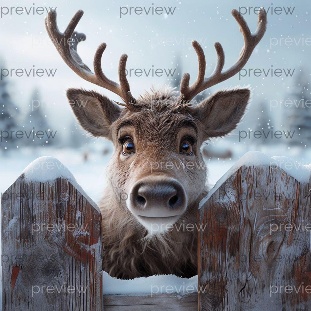 Cute Cartoon Reindeer Peering Over Fence in a Snowy Landscape - Instant ...