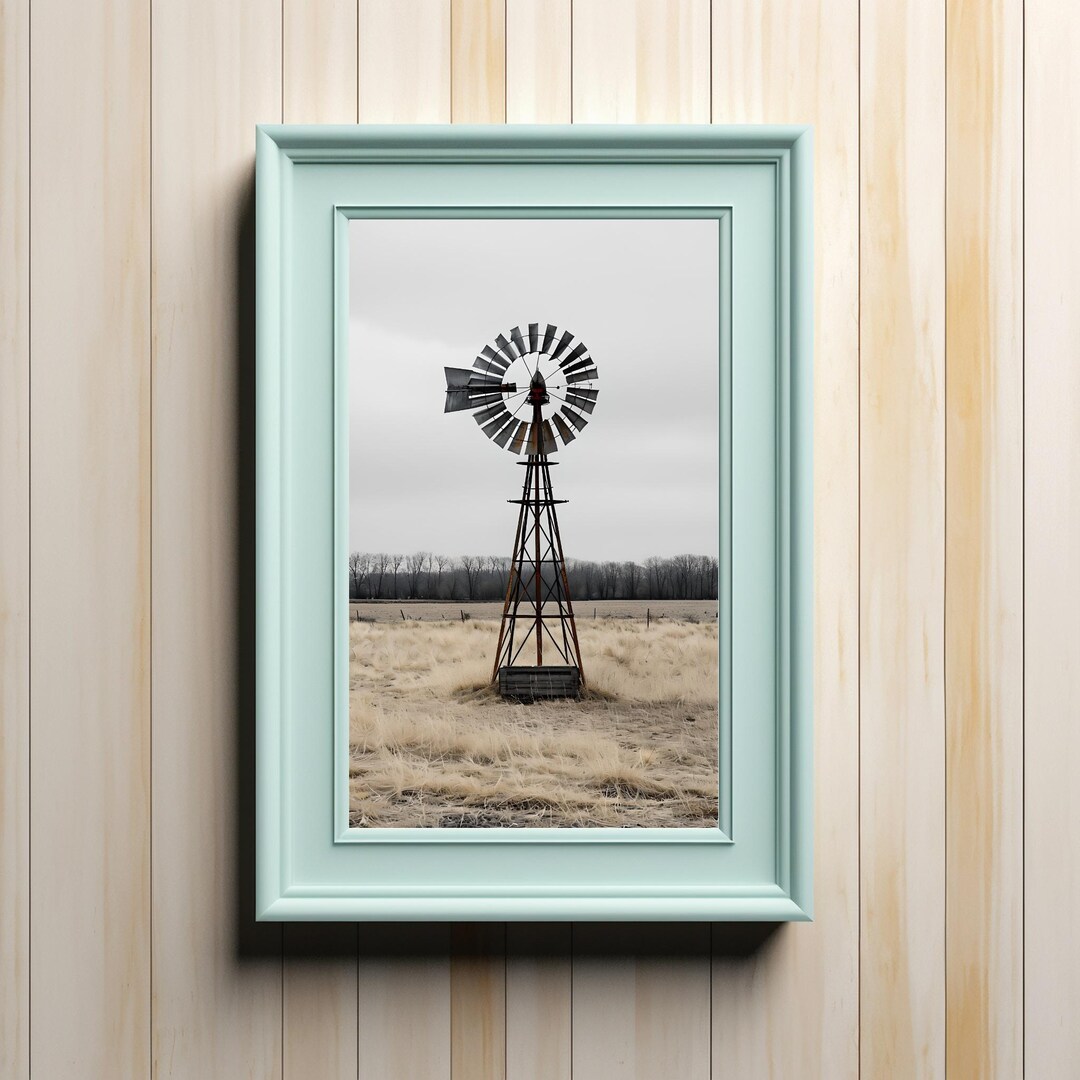 Vintage Windmill Art Print: Rustic Farmhouse Landscape (digital ...