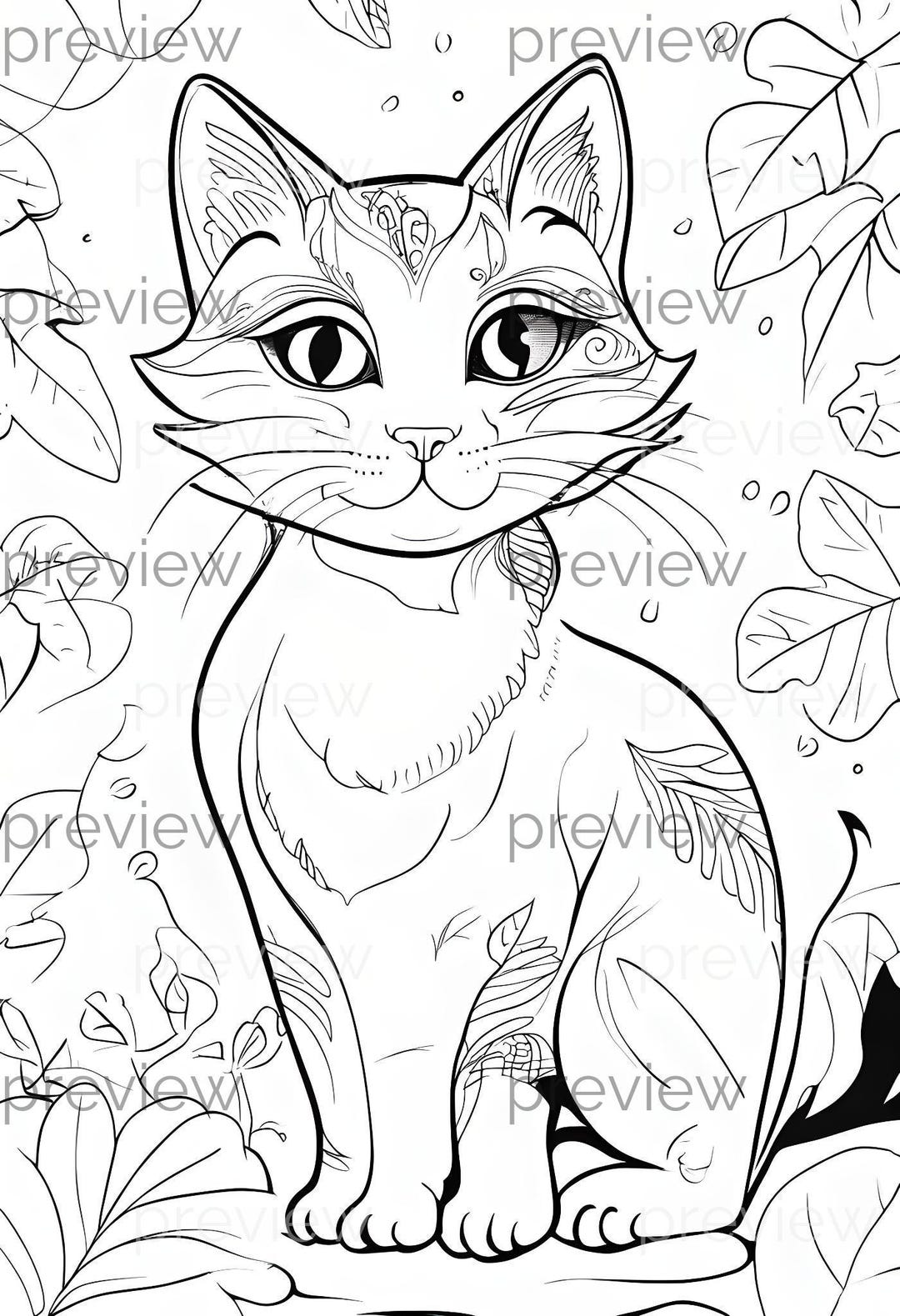 Whimsical Cat Coloring Page With Botanical Elements - Perfect for ...