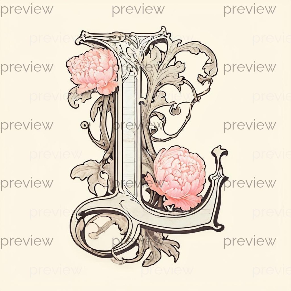 L Ornate Letter L With Floral Elements - Elegant Vintage Art Nouveau ...
