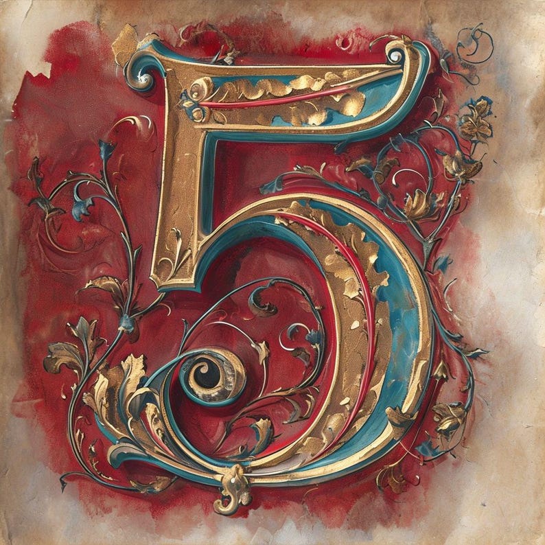 Ornate Number 5 Clipart With Gold and Blue Hues - Vintage Floral Design ...