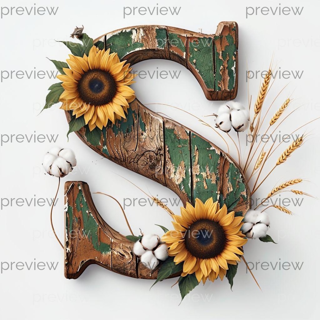 Rustic Wooden Letter S Decor With Sunflowers and Wheat - Vintage ...