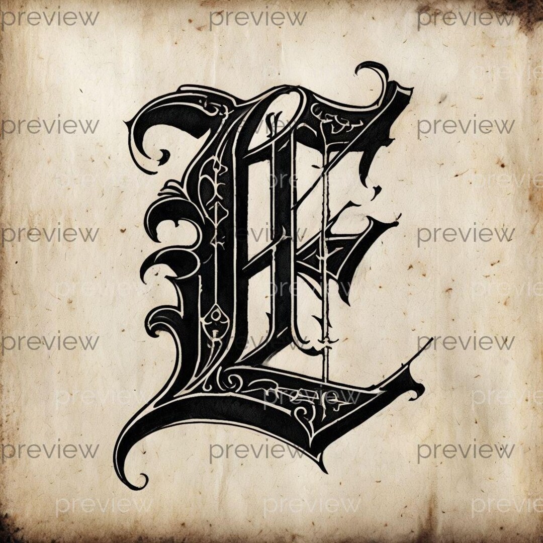 Ornate Gothic Letter E Design in Black on Vintage Parchment Background ...