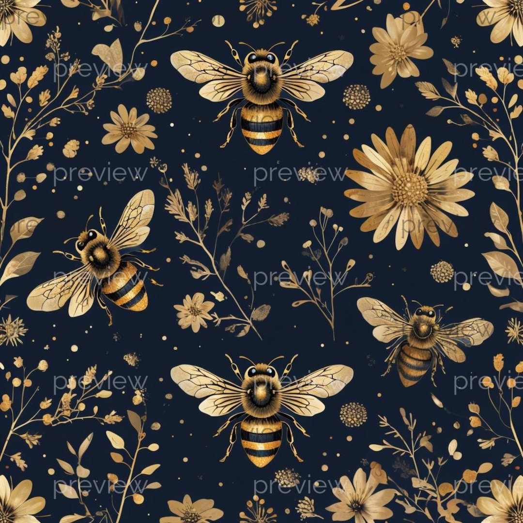 Elegant Golden Bees and Floral Pattern on Navy Background - Whimsical ...