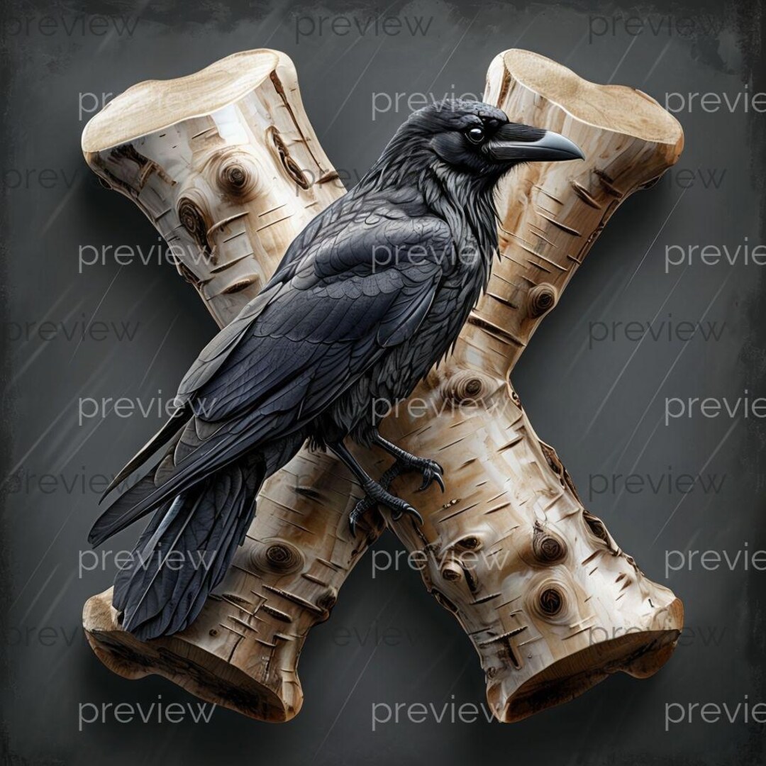 X Realistic Raven Perched on Birch Letter X - Detailed Digital Art ...