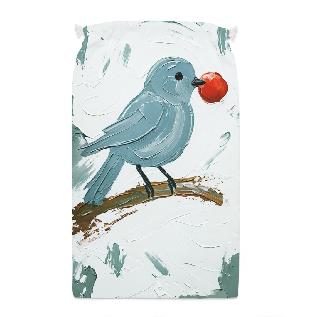 Blue Bird With Red Berry Sack | Illustrated Bird Drawstring Sack - Etsy