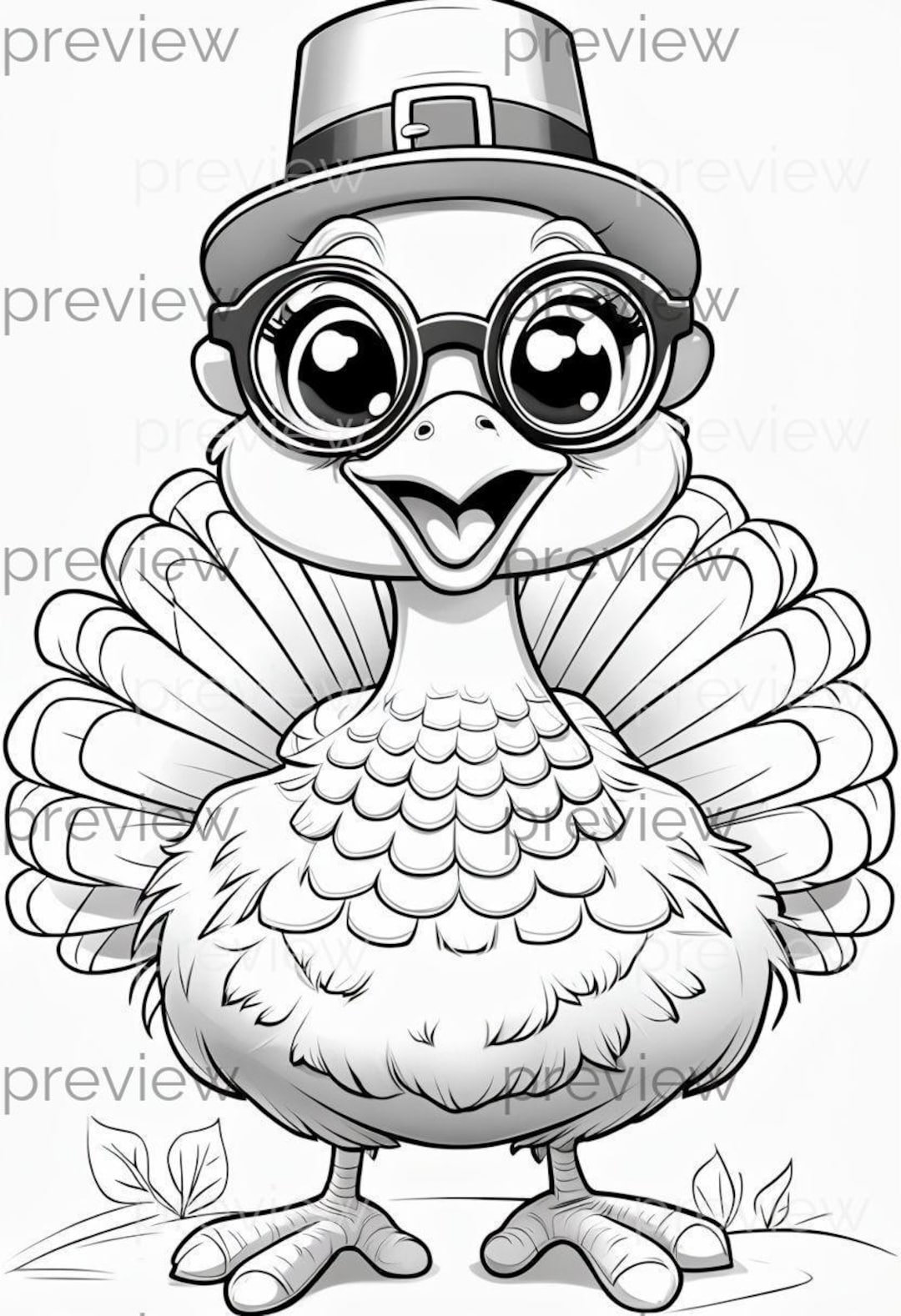 Whimsical Turkey Coloring Page With Glasses and Pilgrim Hat - Fun ...