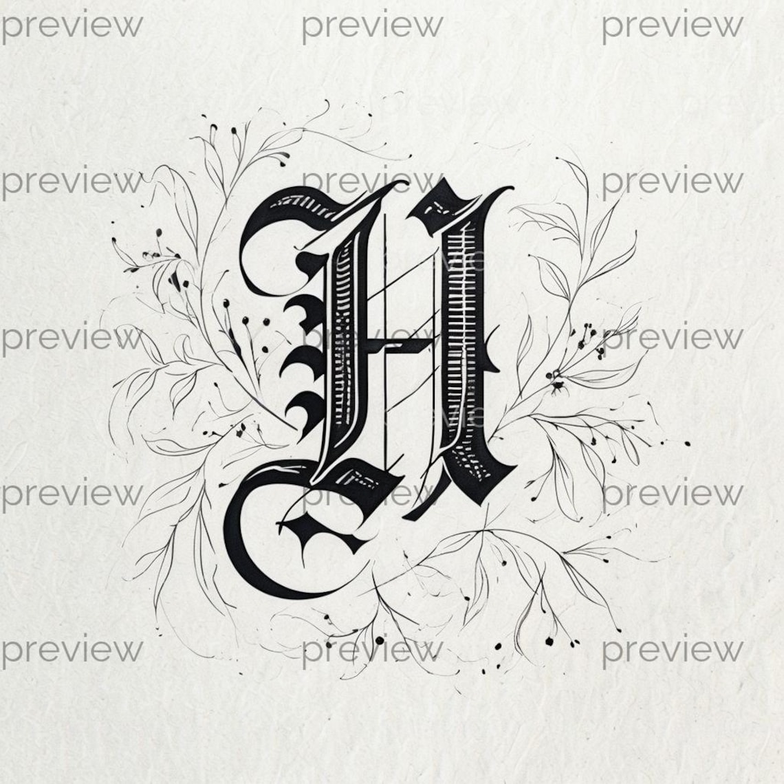 H Ornate Gothic Letter H With Floral Motifs - Elegant Digital Art for ...