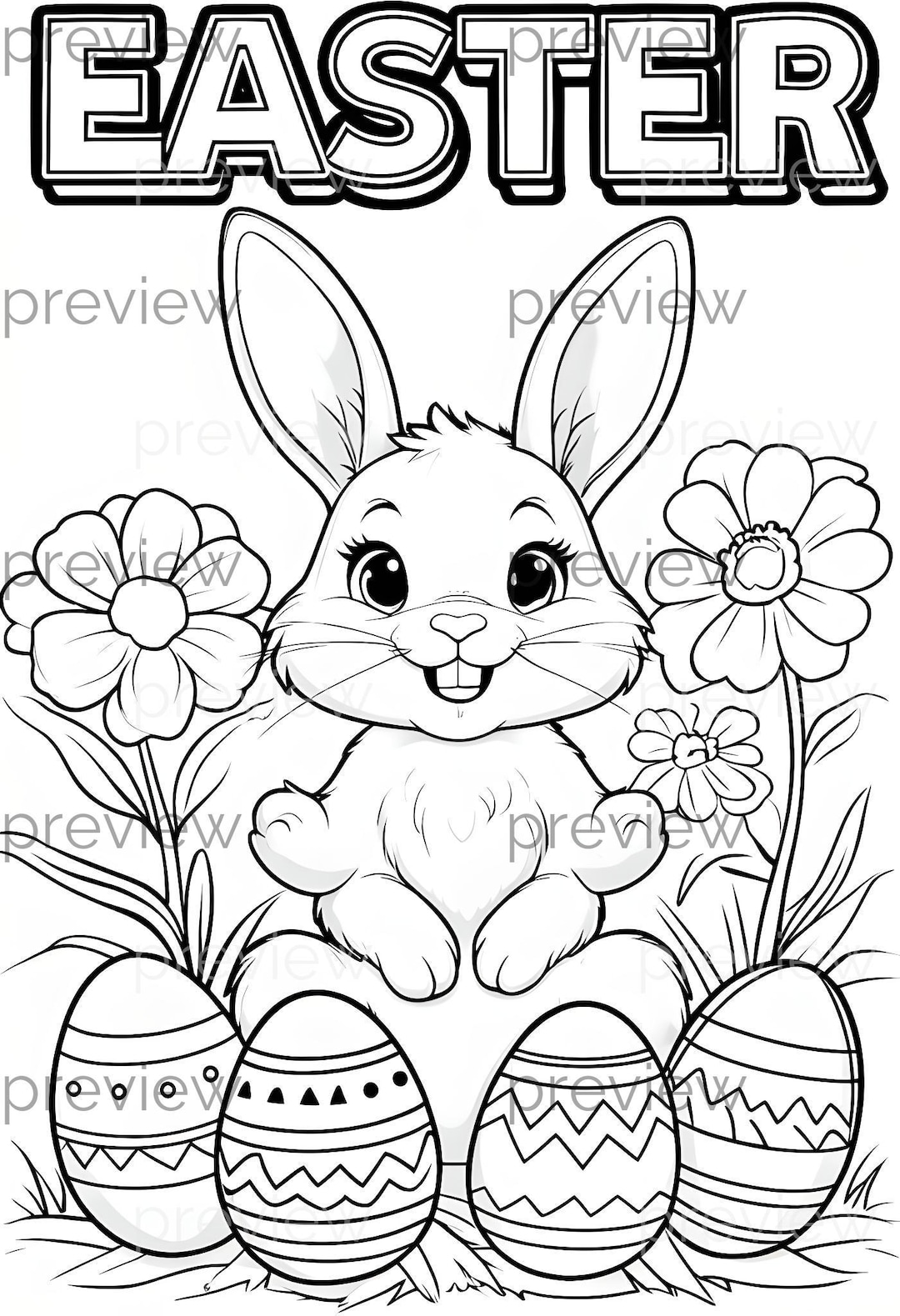 Easter Bunny Coloring Page - Cheerful Cartoon Bunny With Decorated Eggs ...