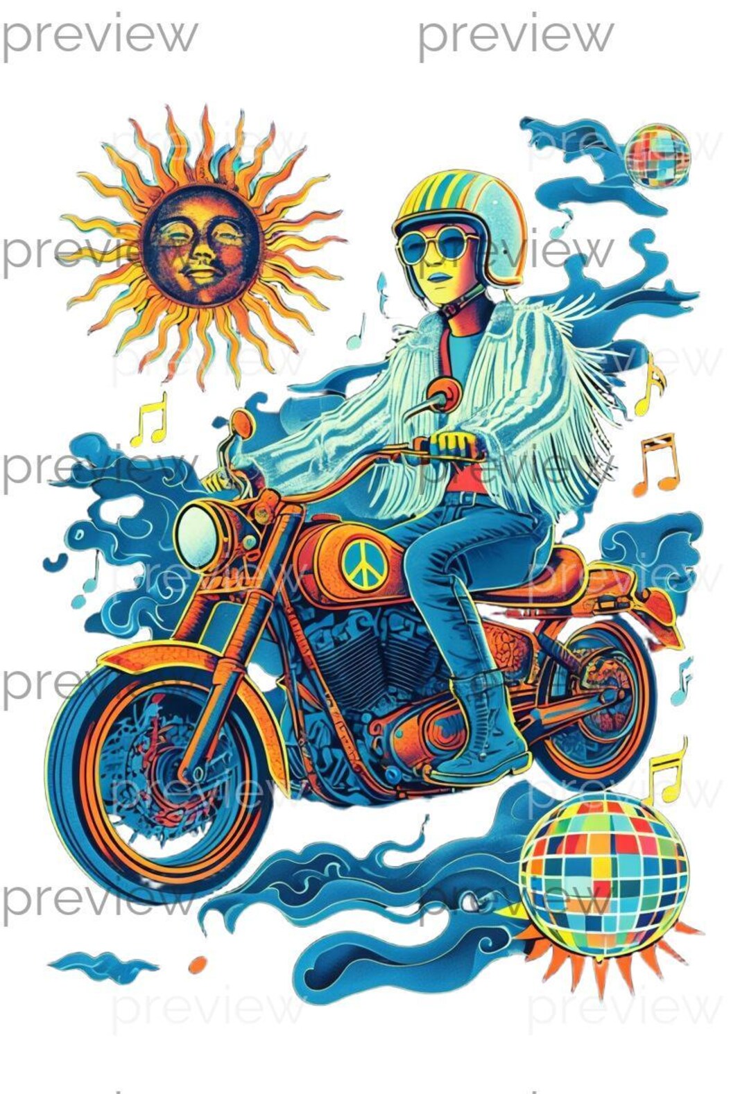 Retro Vibes Motorcycle Ride With Colorful Helmet and Peace Symbol ...